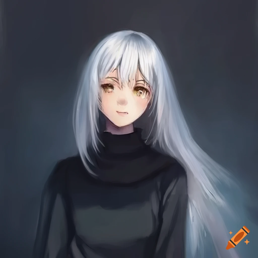 Anime Girl With Long White Hair And Yellow Eyes In A Black Sweater