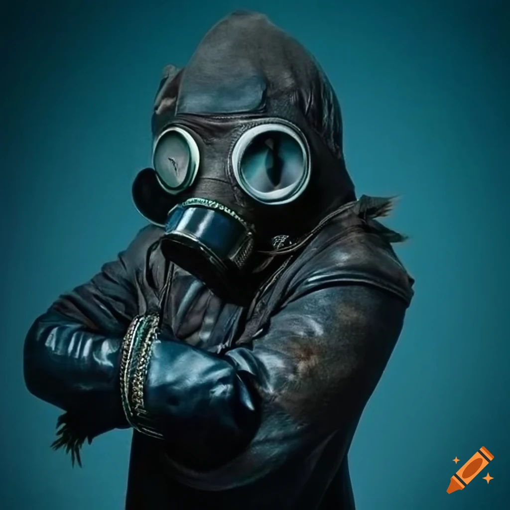 Fashion ensemble with gas mask jacket, leather lobster sleeves, and ...