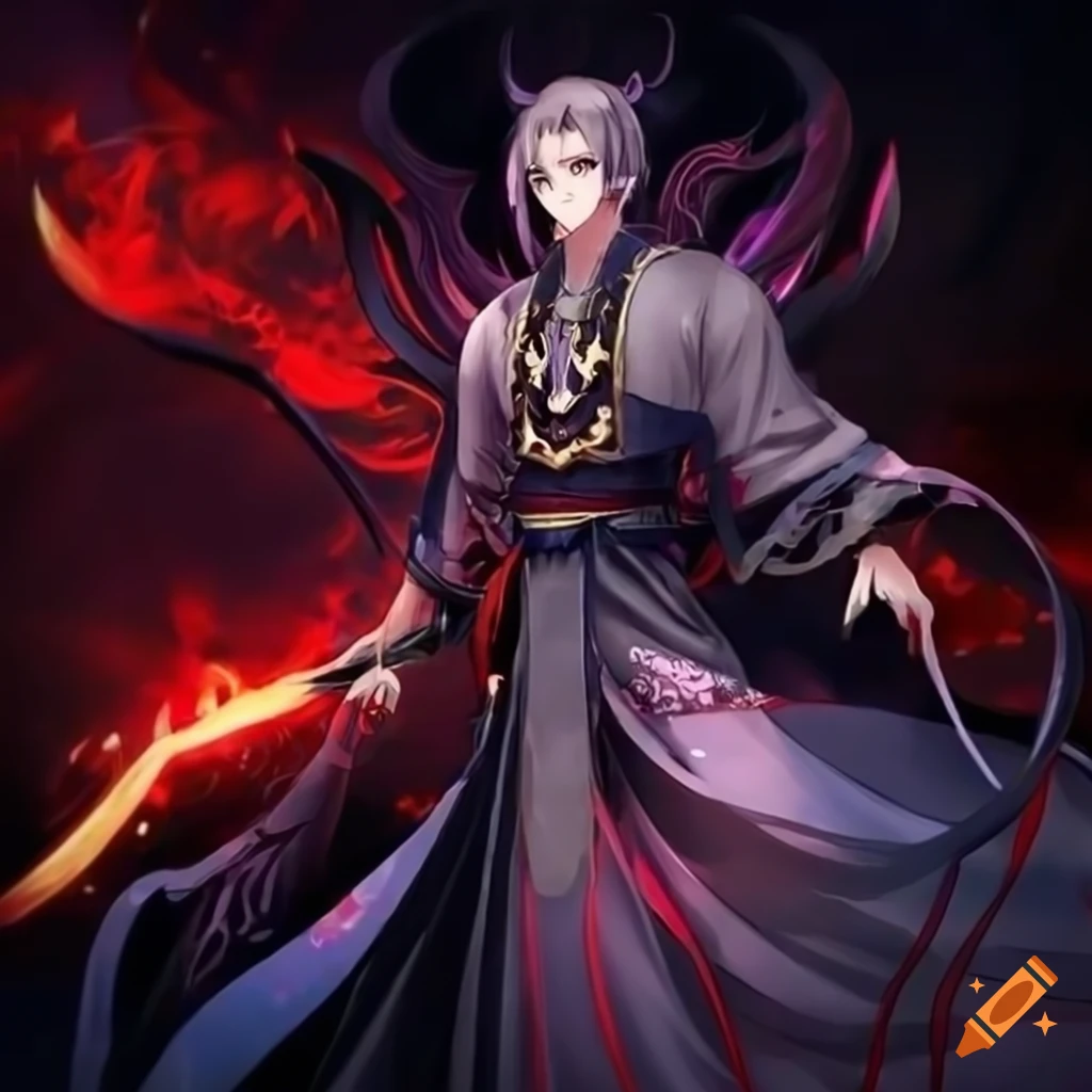 Anime man in shiny demon justice god death knight attire with flowing ...