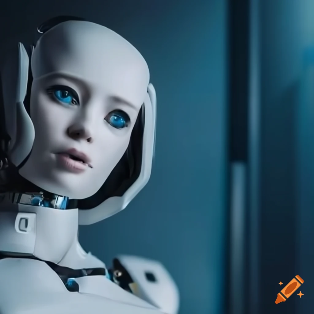 Futuristic laboratory creating a humanoid robot girl with robotic arms ...