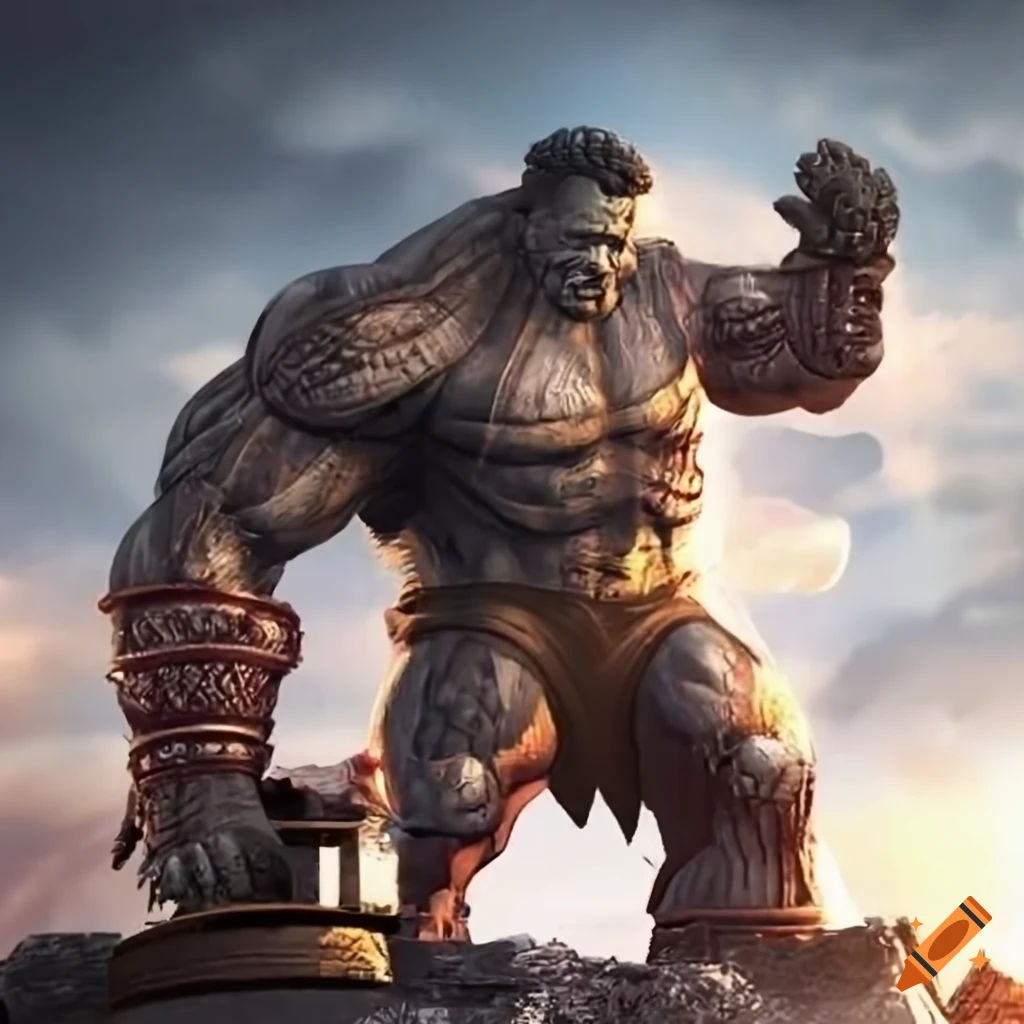 Colossus towering over tiny people on a weighing scale on Craiyon