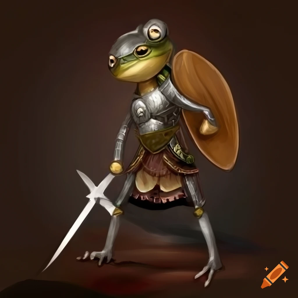 Striking frog princess in plate mail with sword and shield on Craiyon