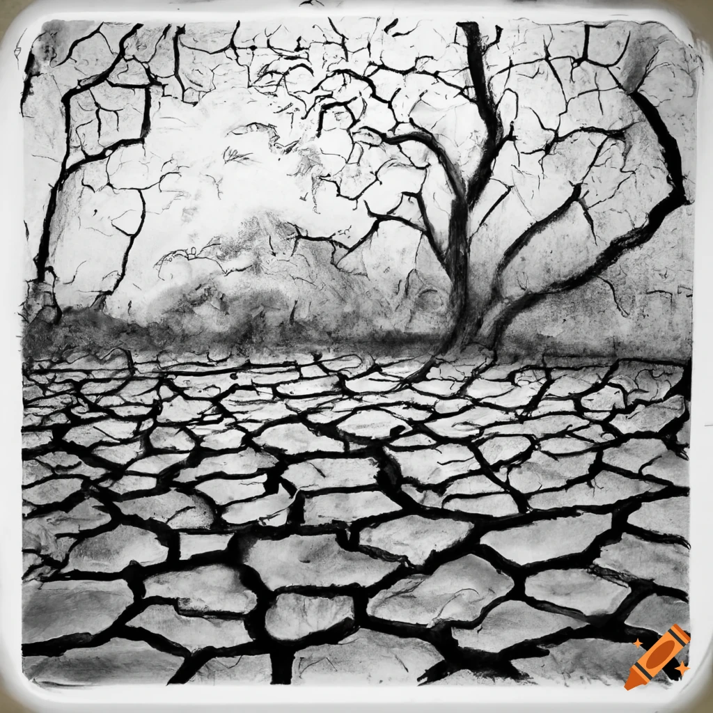Dry and cracked ground in a black and white charcoal drawing on Craiyon