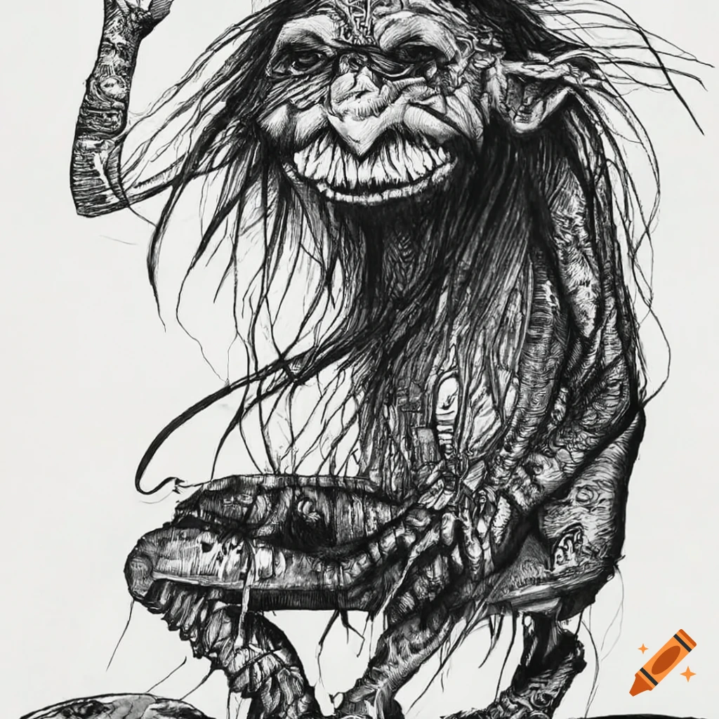 Intricate black ink drawing of a Scandinavian troll in a sketchy style ...
