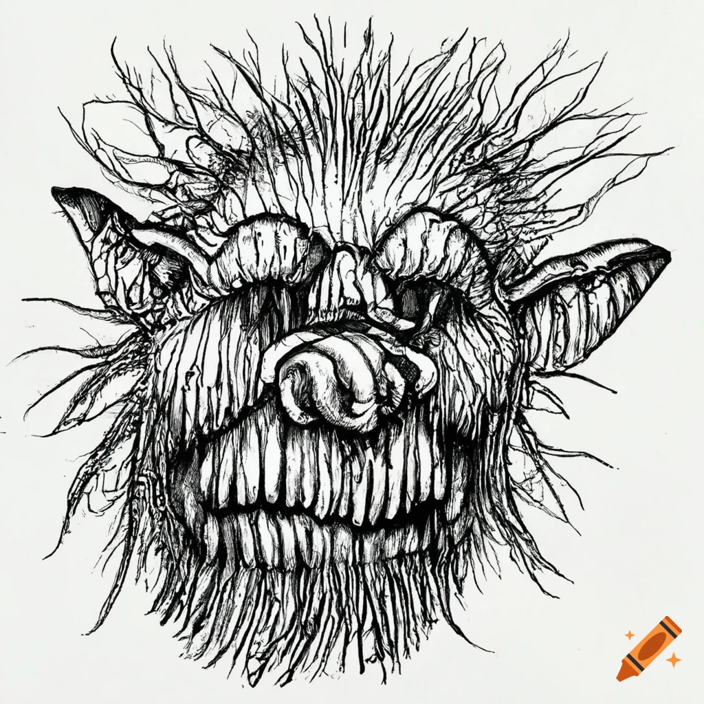 Intricately-detailed forest troll with mischievous grin in black ink on ...