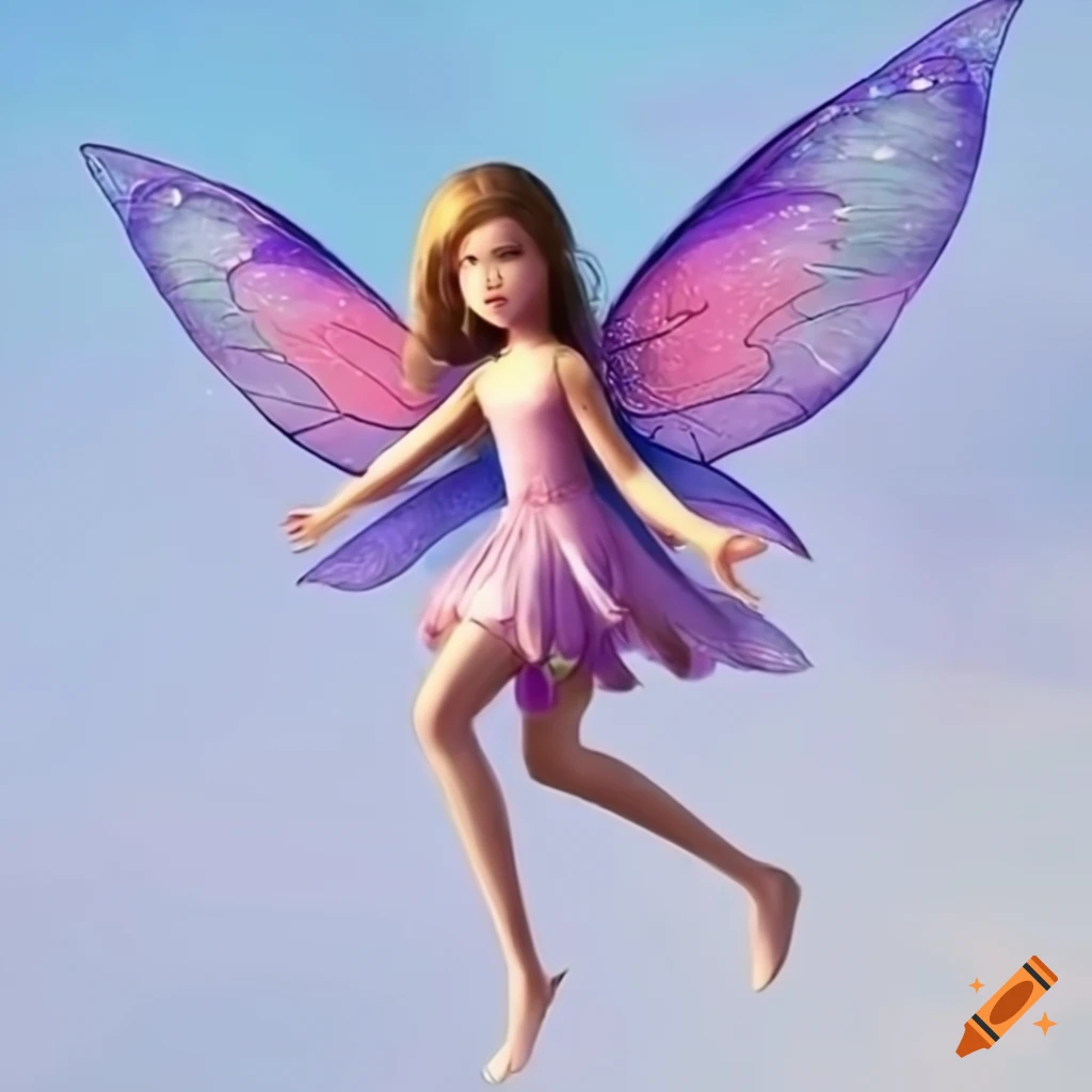 Beautiful little fairy with long hair flying on Craiyon