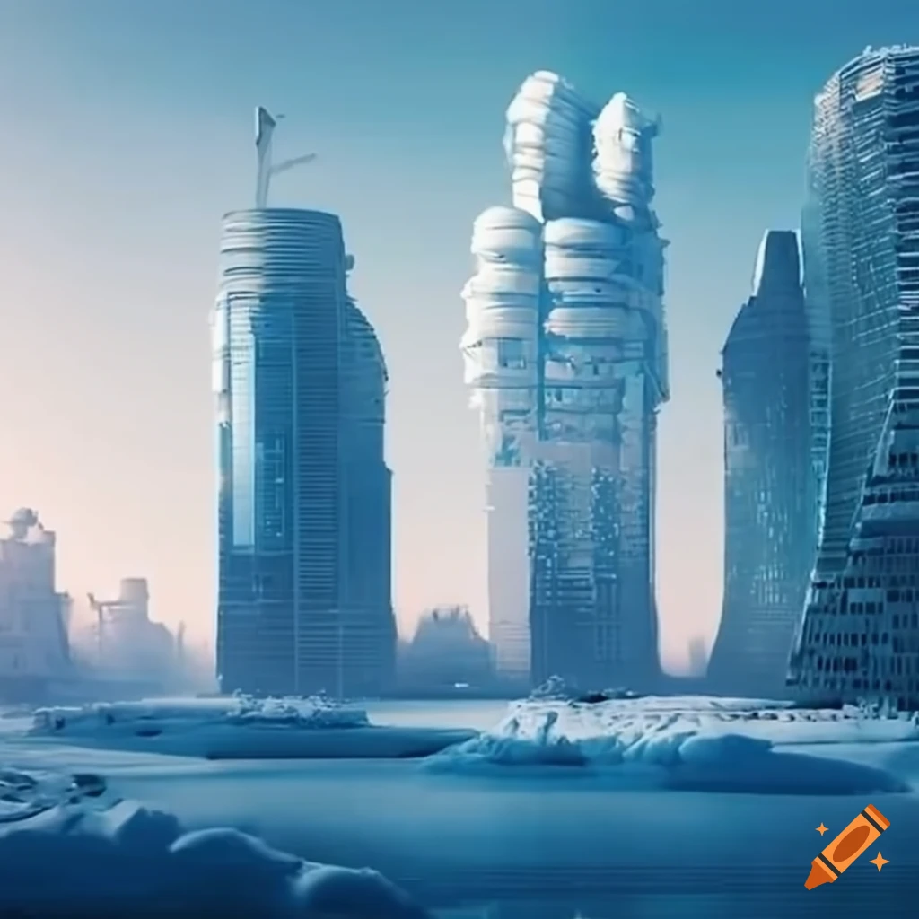 Futuristic colony with high rising buildings in icy landscape on Craiyon