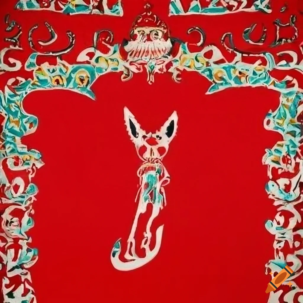 Ceremonial magick fox on azure red floor with tribal calligraphy on Craiyon