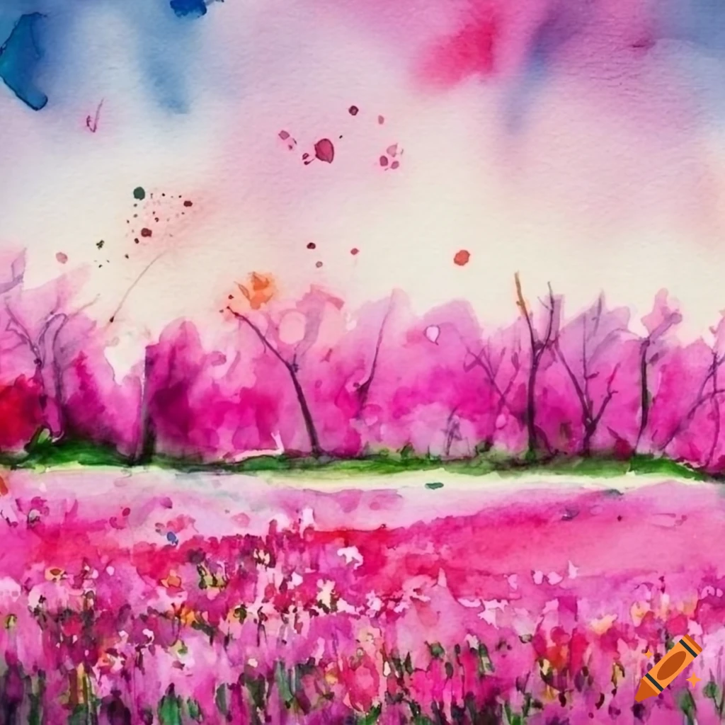 Pink flower field in spring depicted in watercolor painting on Craiyon