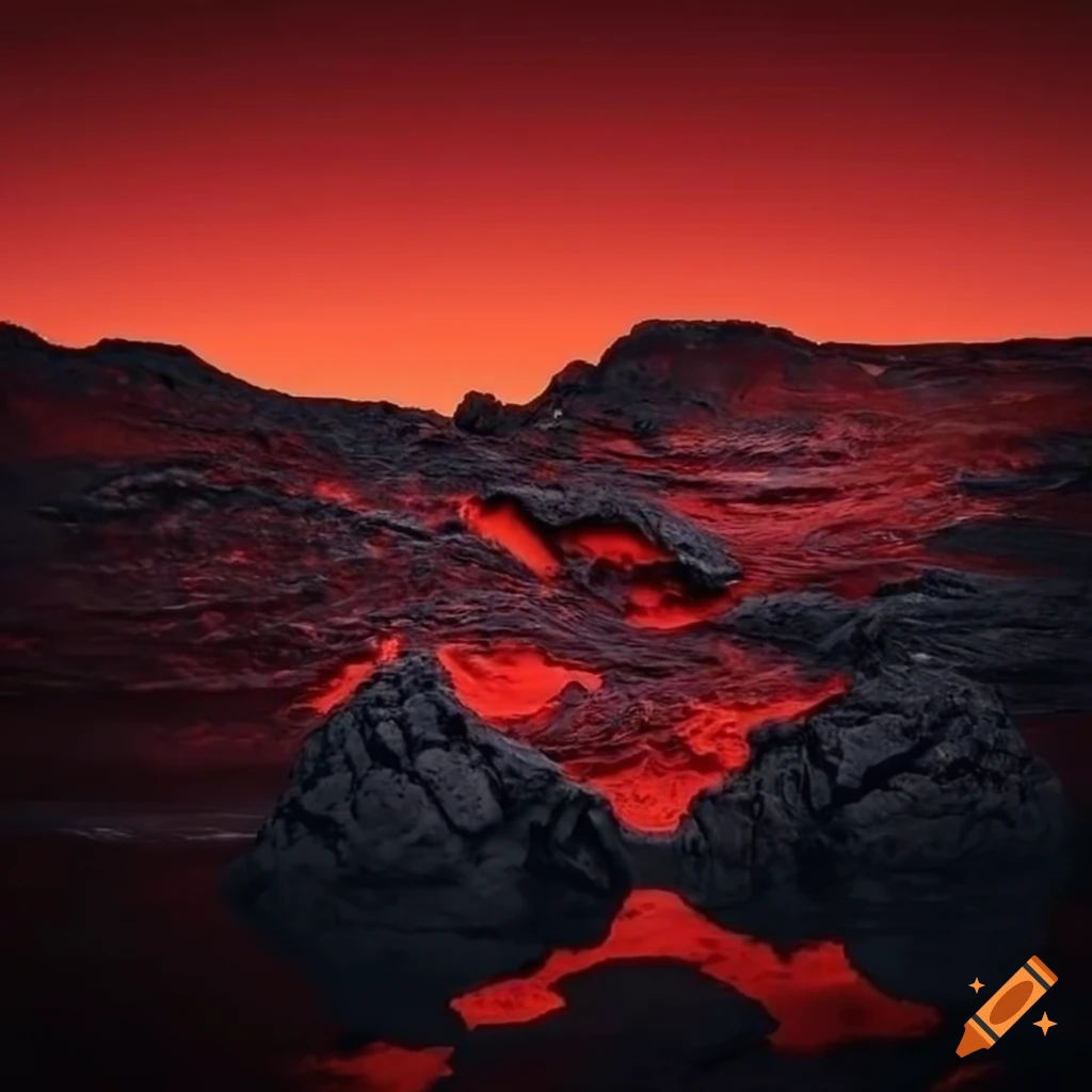 Red stone terrain with lava lakes under a vermillion sky on Craiyon