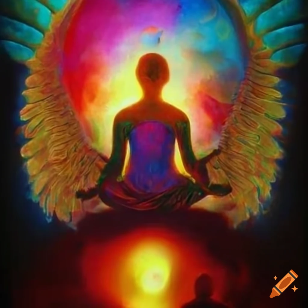 Occult depiction of rainbow-winged angel guiding man to enlightenment ...