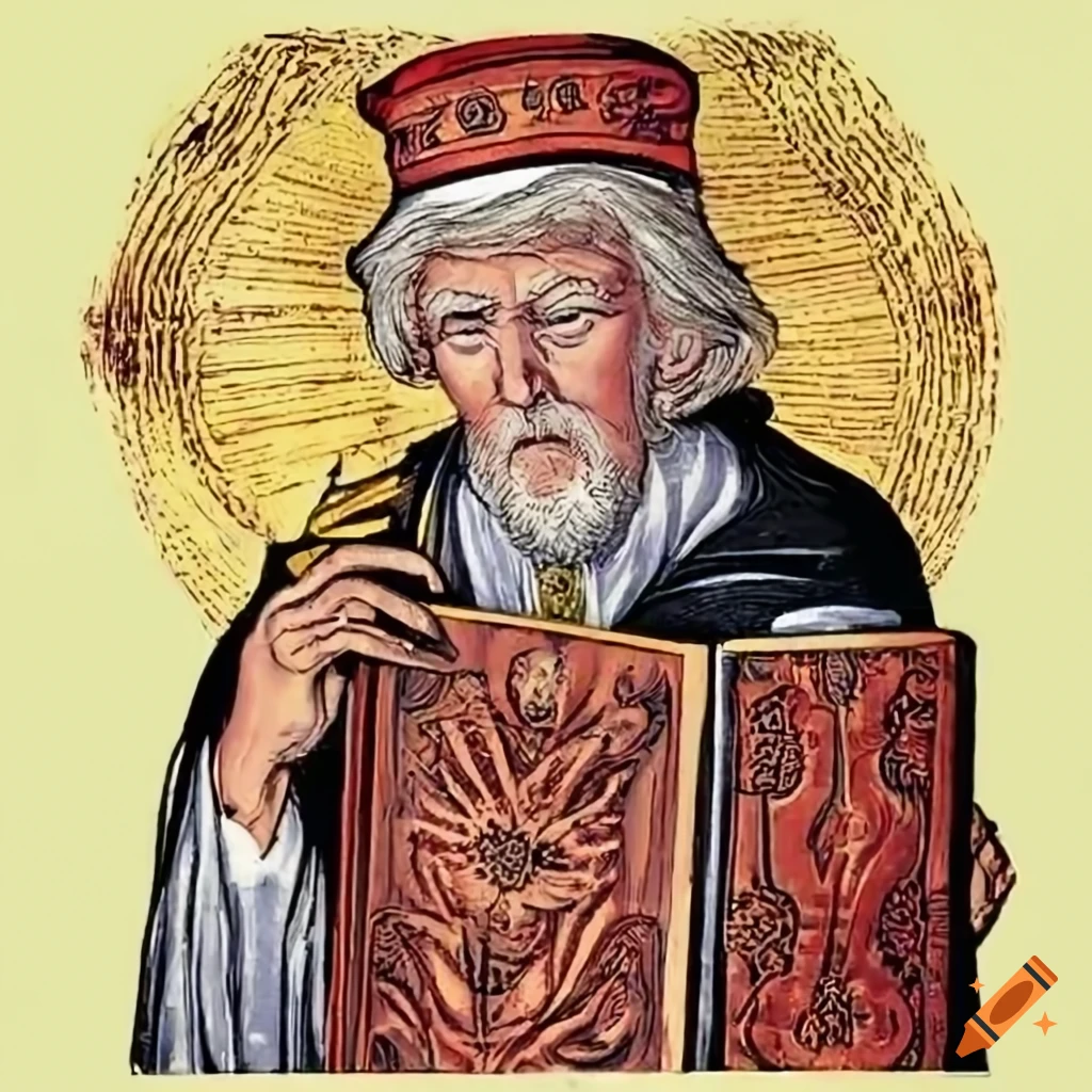 Medieval bible woodcut illustration of a saintly figure in high ...