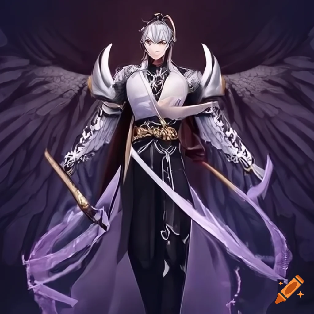 Anime man with angelic, justice-themed outfit striking a pose on Craiyon