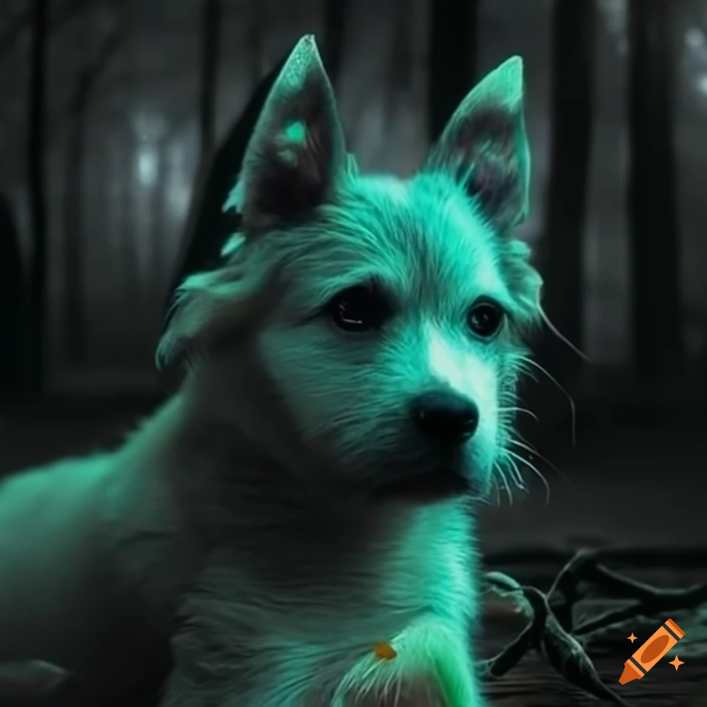 Close up portrait of the world's cutest puppy in a spooky forest on Craiyon