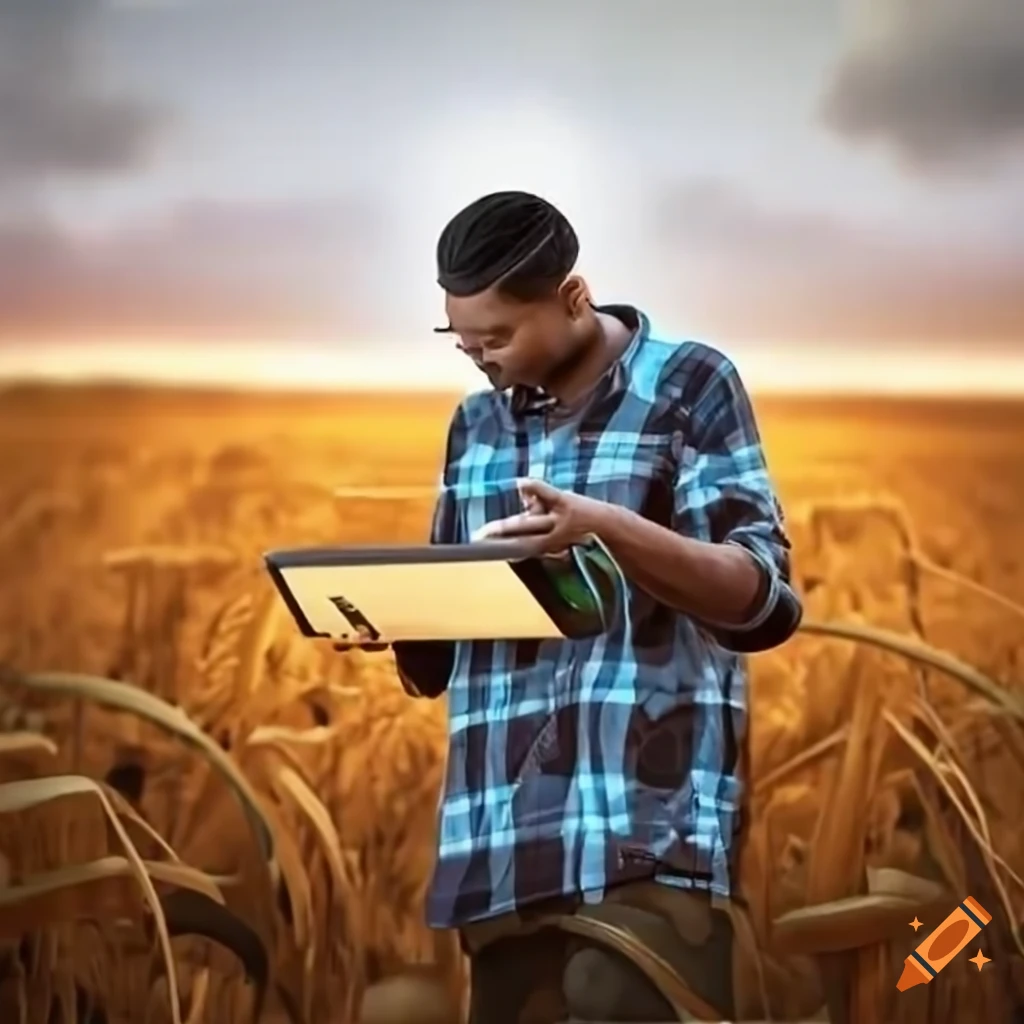 Tech-savvy farmer checking AgTech software in a rural store on Craiyon