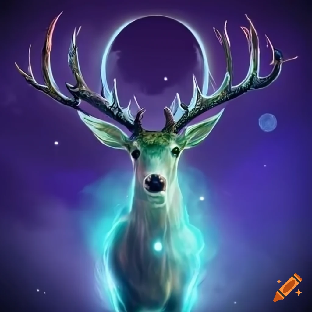 Astral deer god holding the moon in its antlers on Craiyon
