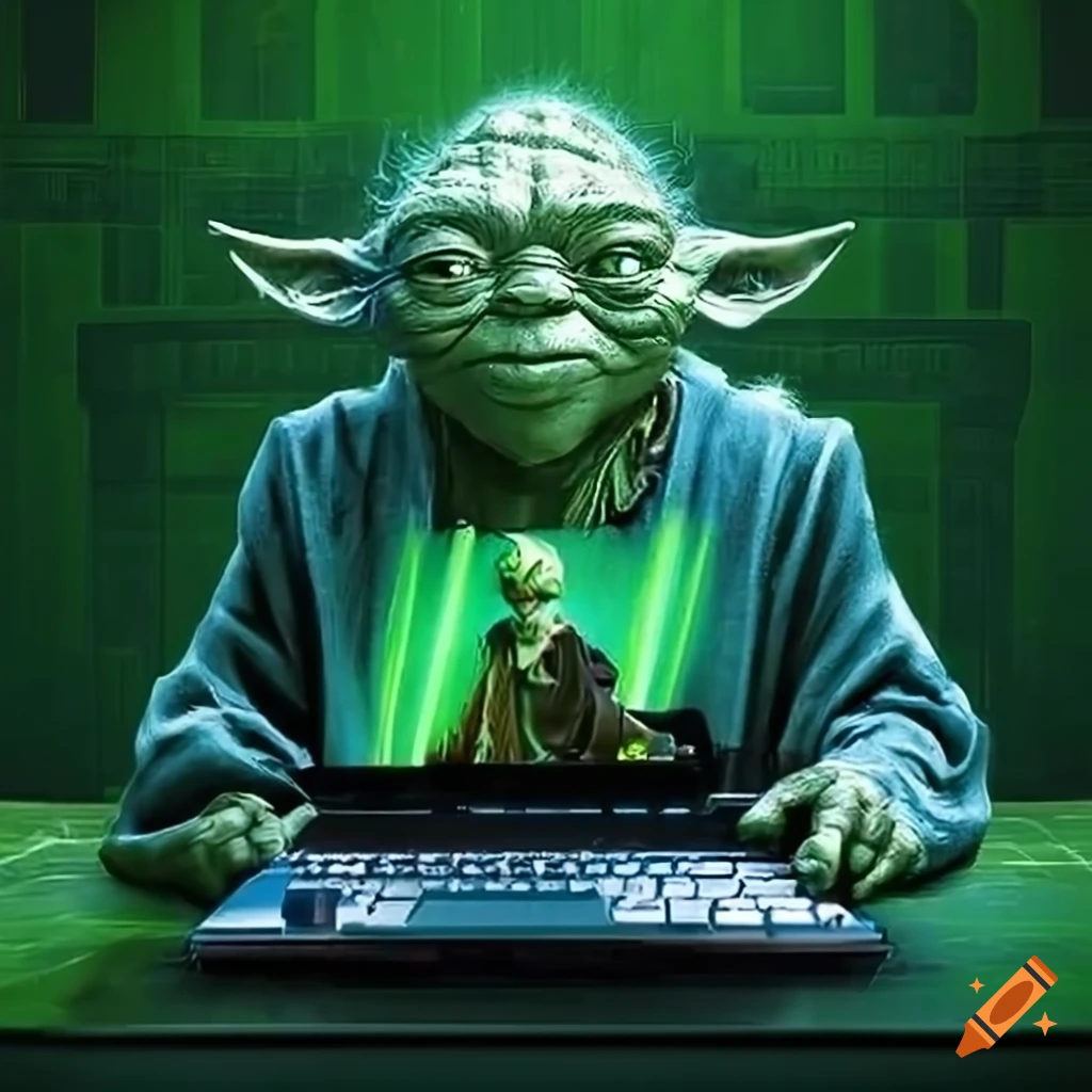 Yoda using a gaming laptop in a digital Matrix landscape on Craiyon