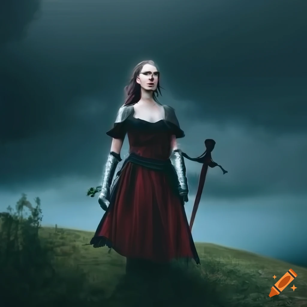 Medieval gothic scene with women in armor and swords on a chaotic hill ...