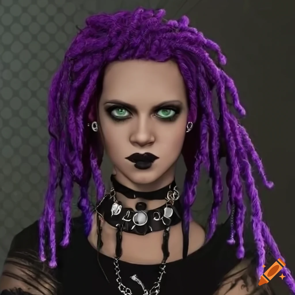 Female game character with short purple dreadlocks and goth choker necklace on Craiyon