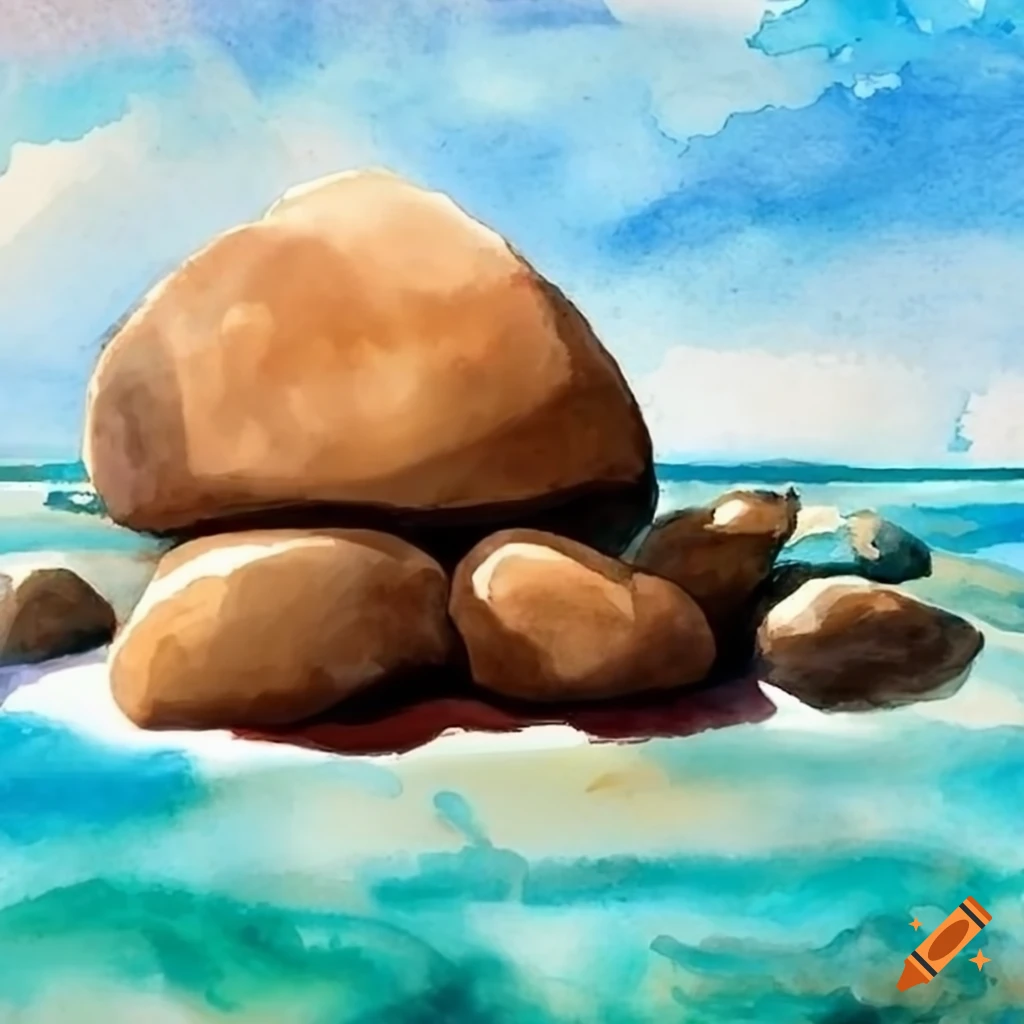 Large rocks on a beach in watercolor on Craiyon