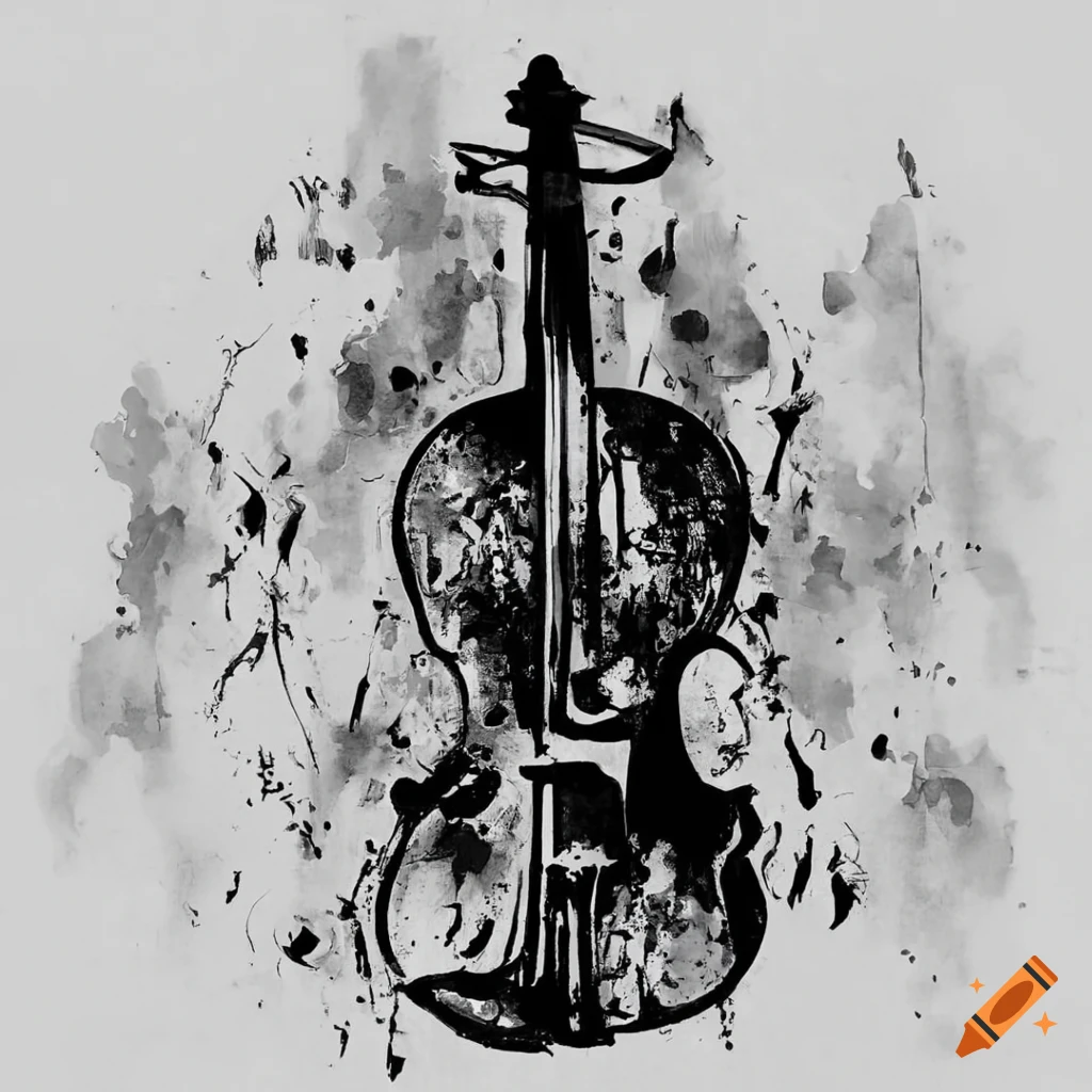 Abstract art violin silhouette with japanese calligraphy in black and ...