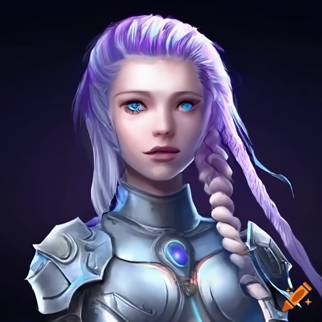 Female character with purple braided hair, blue lightning eyes, steel ...