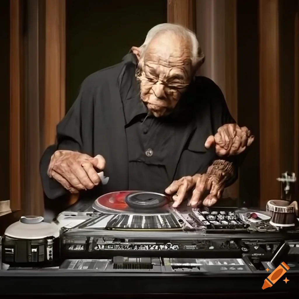 Elderly man using dj record decks on Craiyon