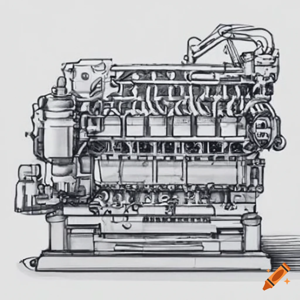 Ship auxiliary engine side view with labeled parts on Craiyon