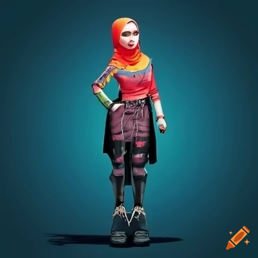 Hijab punk female character with vibrant attire blending tradition and ...