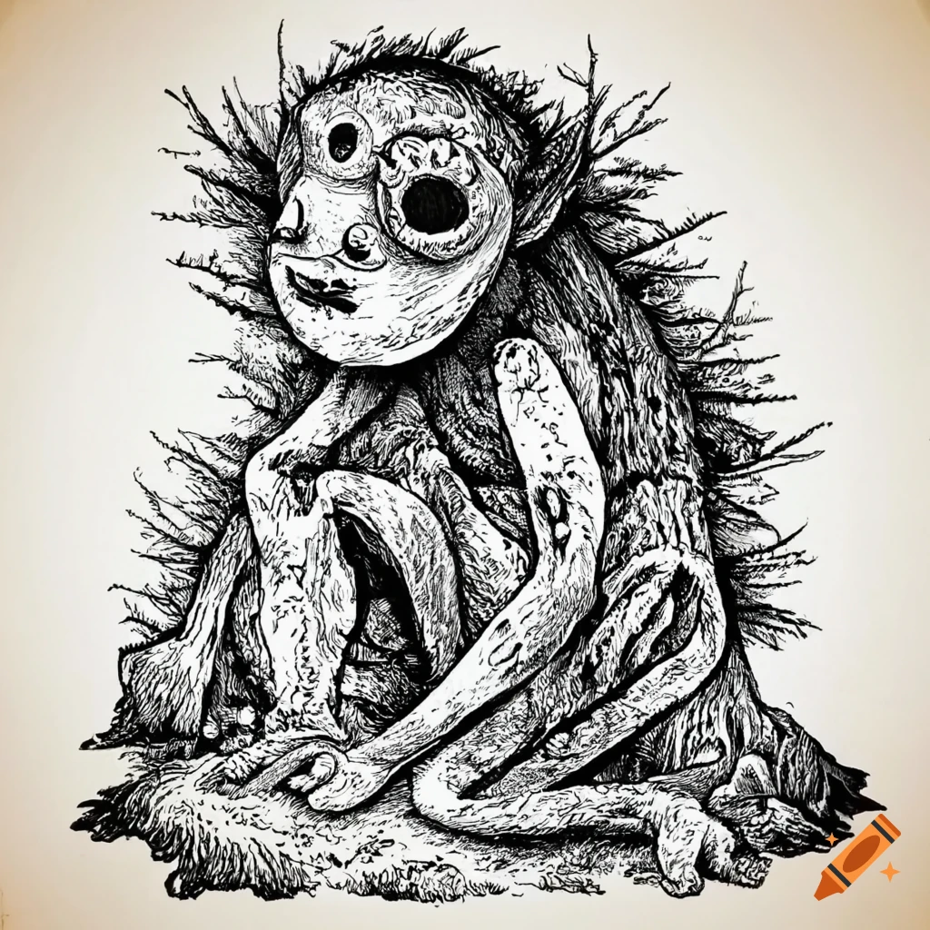 Detailed drawing of three forest trolls in black ink within a cave ...