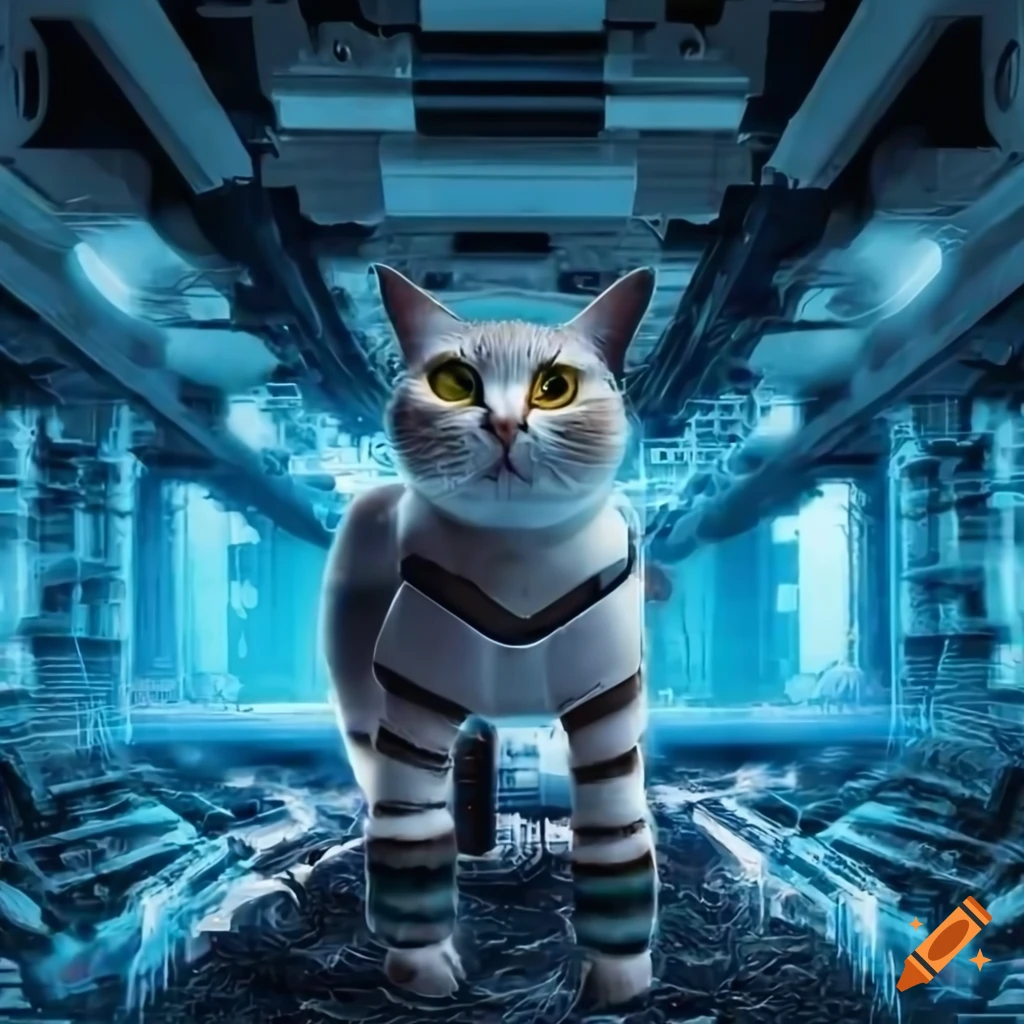 Robot cat surrounded by tech pieces and robots in a futuristic setting ...