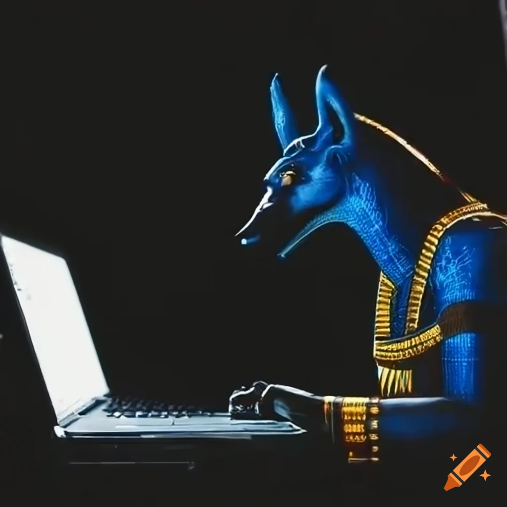 Ghost hacker Anubis on a laptop commanding army of the dead on Craiyon