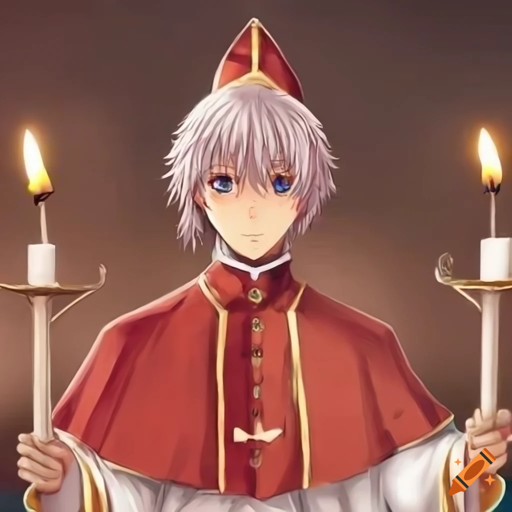 Anime portrait of a holy male cardinal holding a menorah with lit ...