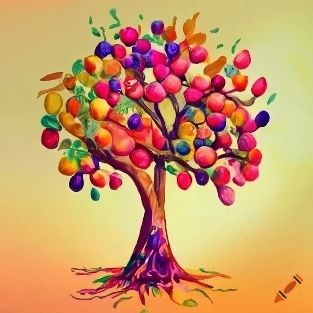 Colorful shapes painting of a fruit tree with various fruits hanging ...