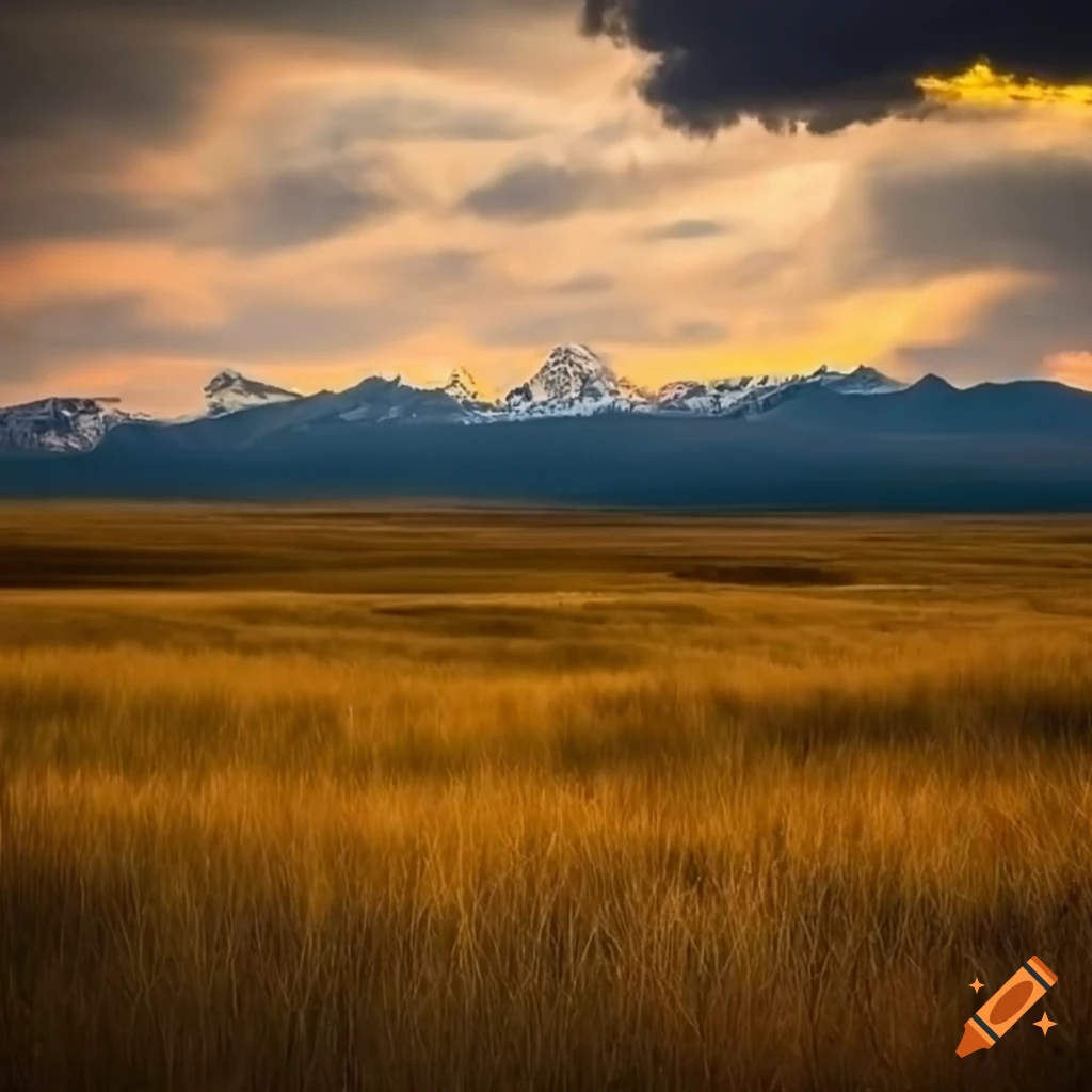 Stunning prairie landscape with a towering mountain in the distance on ...