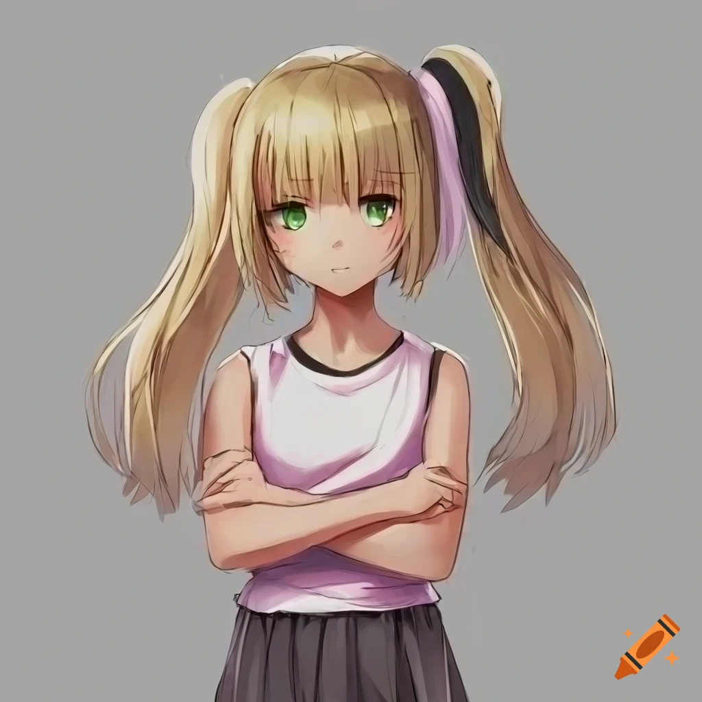 Anime Girl With Blonde Hair And Green Eyes In A Light Pink Sleeveless T Shirt Arms Crossed On