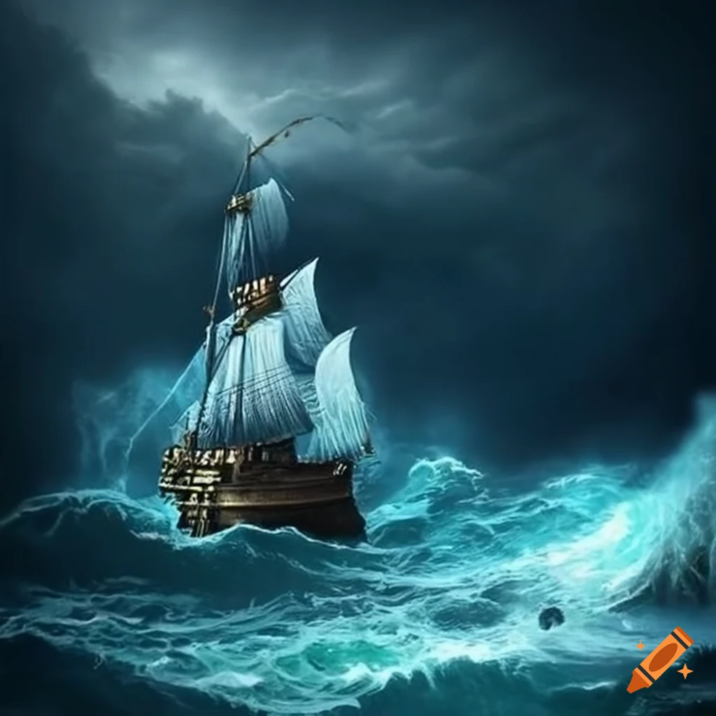 Dark pirate ship in a thunderstorm with waves on Craiyon