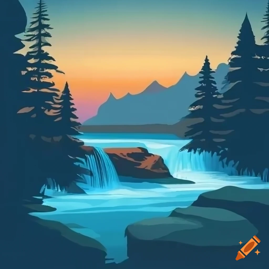 Orange rocks, a light-blue waterfall, fir trees, and an elk near a ...