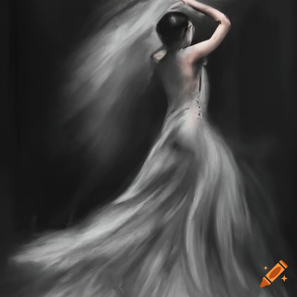 Charcoal drawing of a woman twirling in a flowing dress on Craiyon