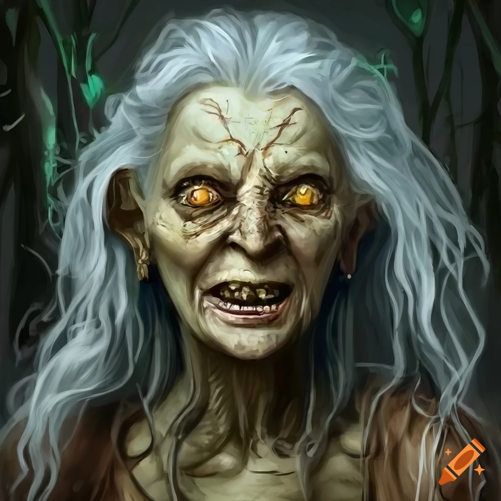 Portrait of an old swamp hag with a mischievous smile in a detailed ...