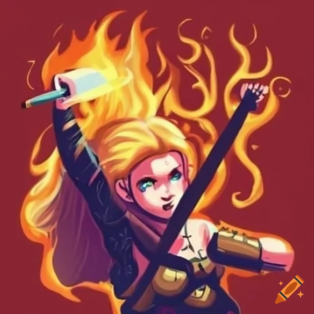 Brave girl wielding a flaming sword-like knife in a battle scene on Craiyon