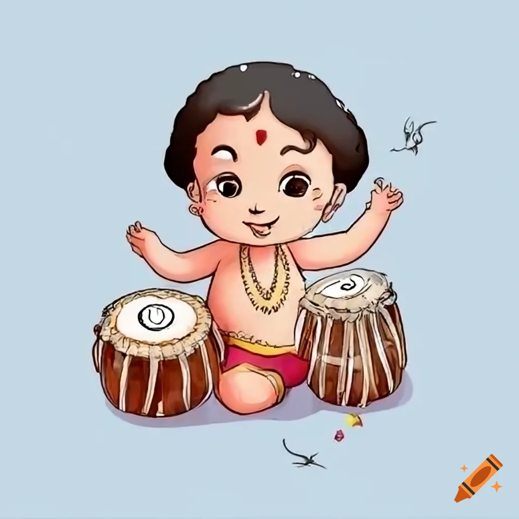 Cartoon babies doing hindu prayer with tabla and dhol on Craiyon
