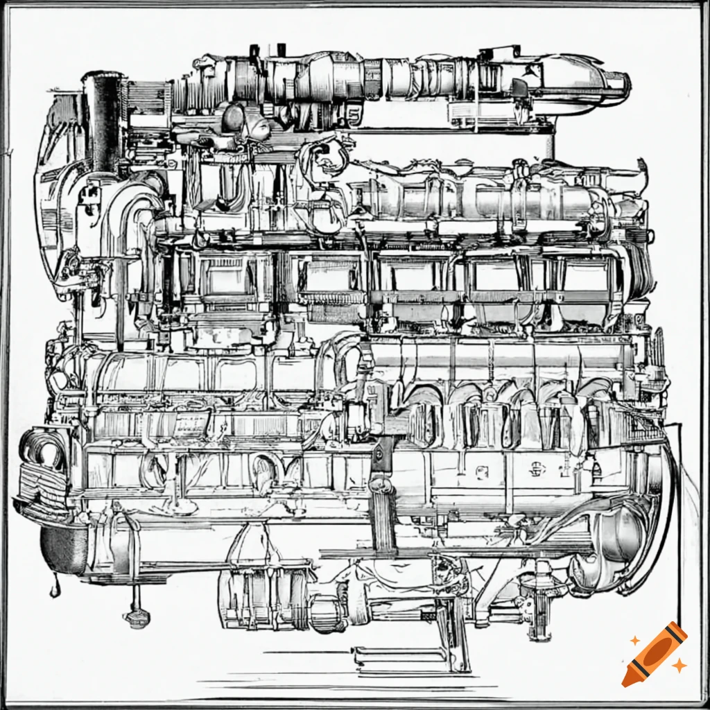 Ship auxiliary engine with labelled parts in side view on Craiyon