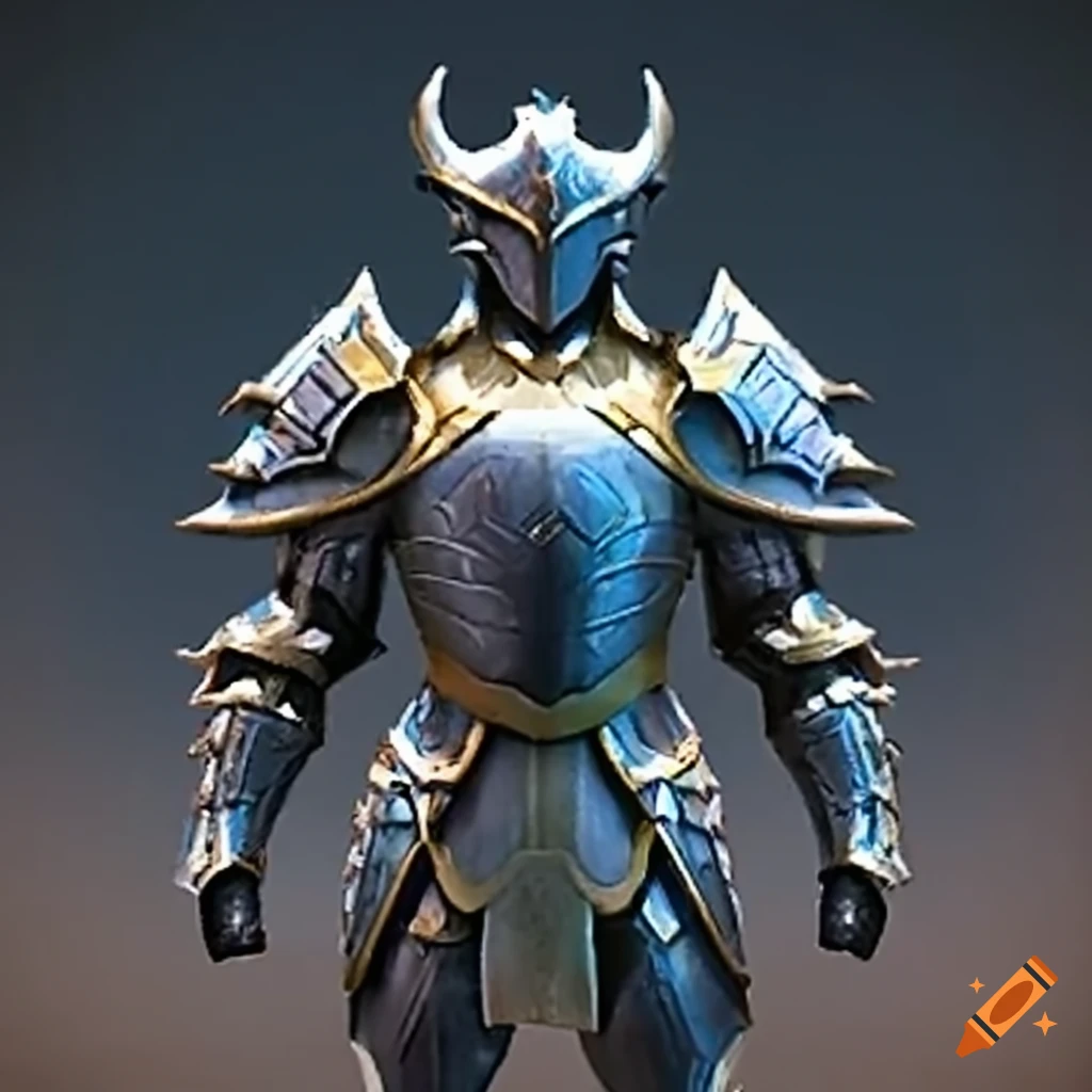 Mythic shiny fantasy master steel armor front view with symmetry on Craiyon