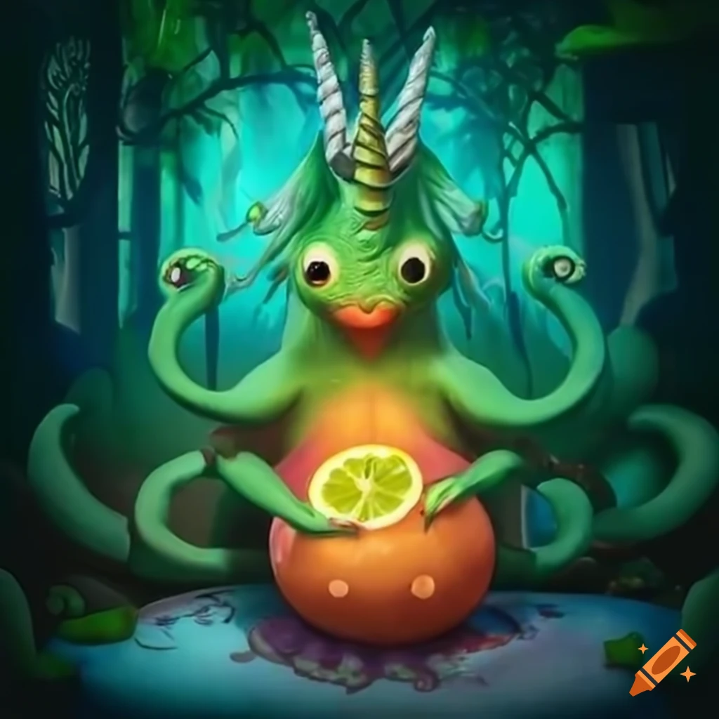 Forest with mythical creatures and a playful mutant lemon fruit monster ...