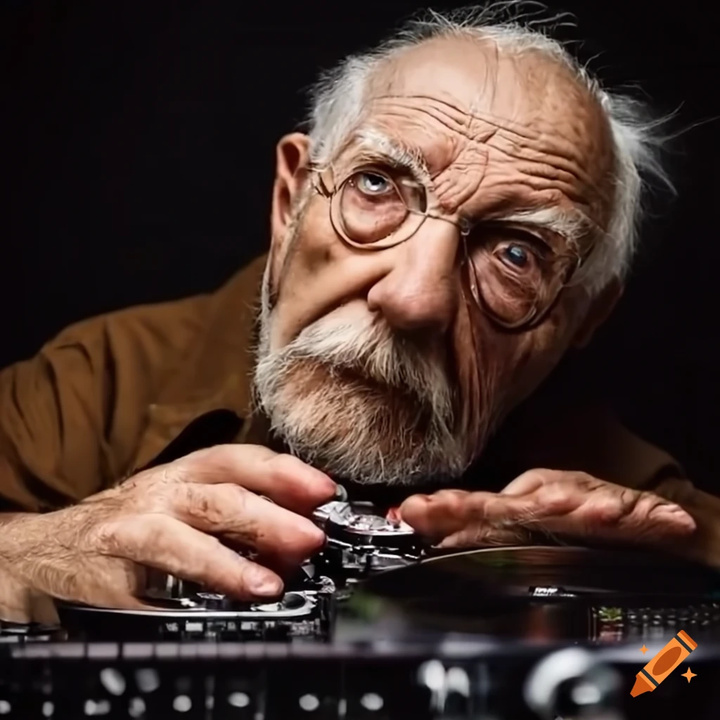 Elderly man using dj record decks on Craiyon