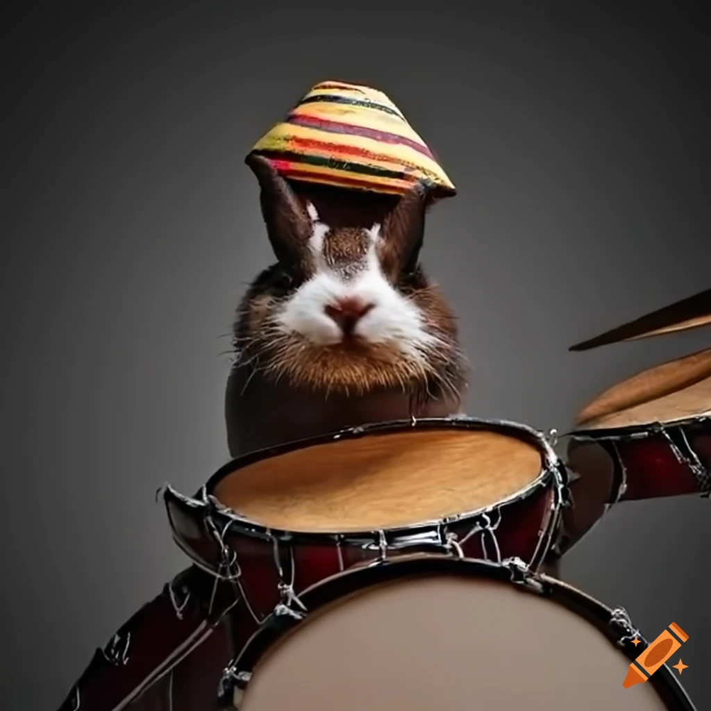 Bunny playing jazz drums with an african hat on on Craiyon