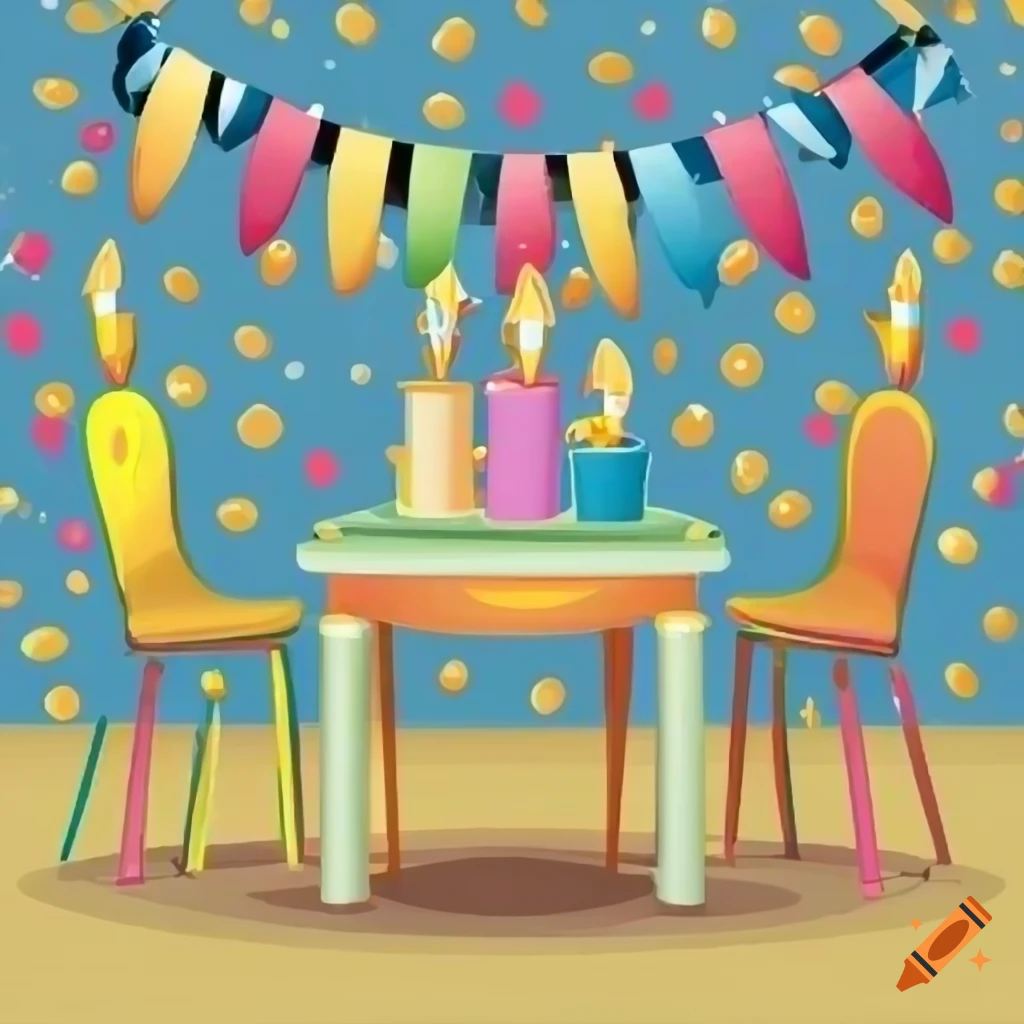 Birthday party table with chairs in a vector illustration on Craiyon