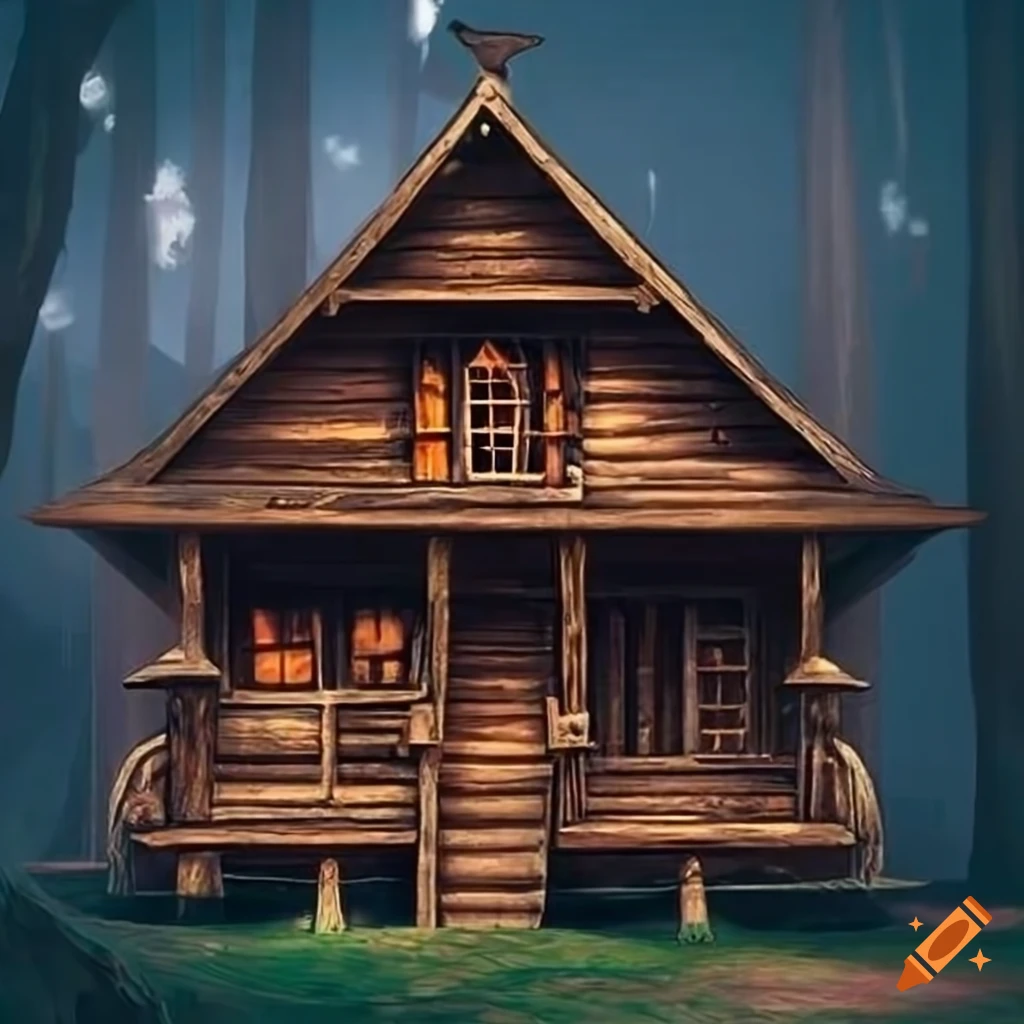 Large two-story wooden cabin in the fantasy woods on Craiyon