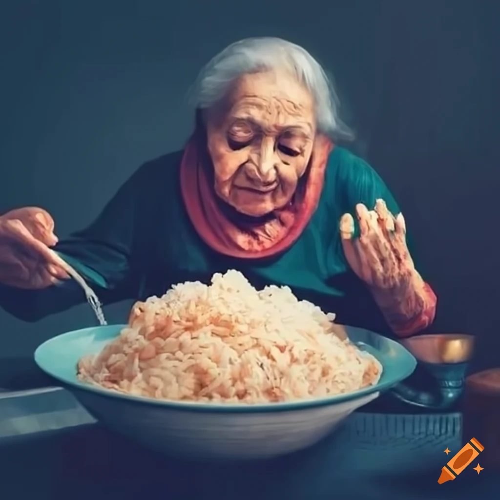 Young man eating rice with old lady in a dark room on Craiyon